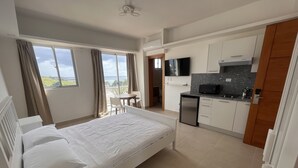 Quarto de hotel moderno com uma cama grande, pequena cozinha e vista para o exterior.