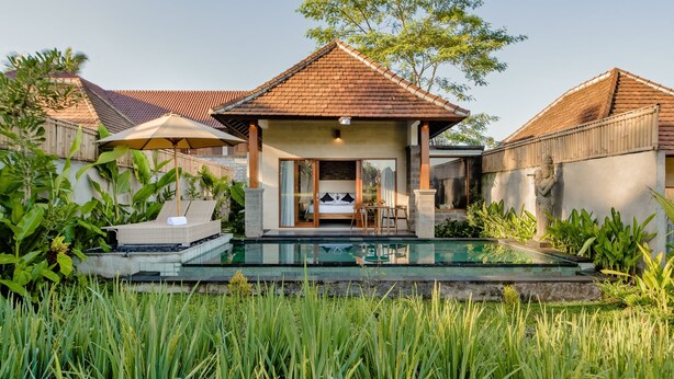 Uma villa moderna com piscina, área de estar coberta ao ar livre e vegetação exuberante.