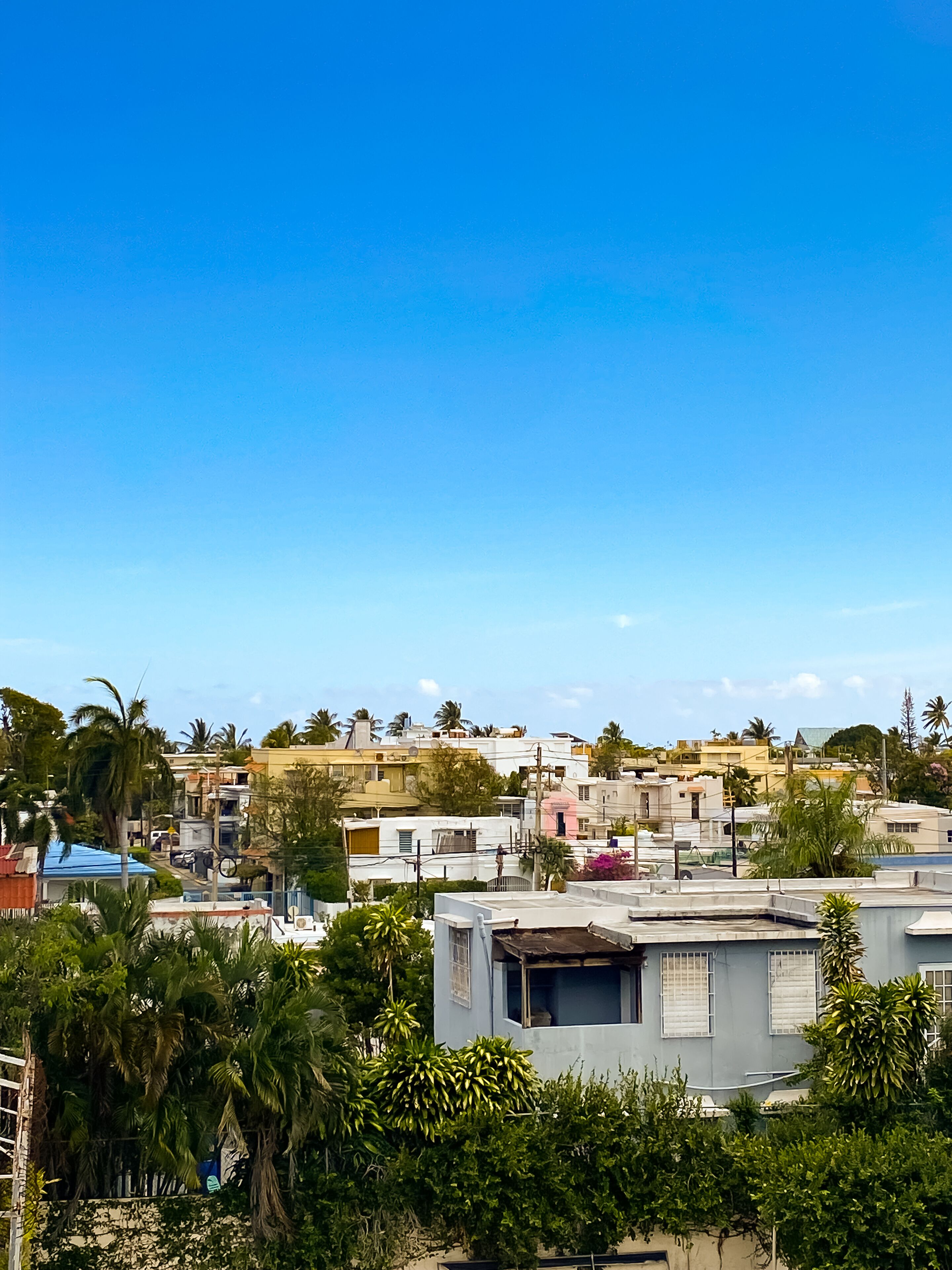 Zona residencial com vários edifícios, alguns com telhados planos e outros inclinados. Palmeiras e vegetação visíveis.