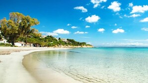 Uma praia com águas turquesa cristalinas, areal arenoso e um edifício ao primeiro plano com uma árvore.