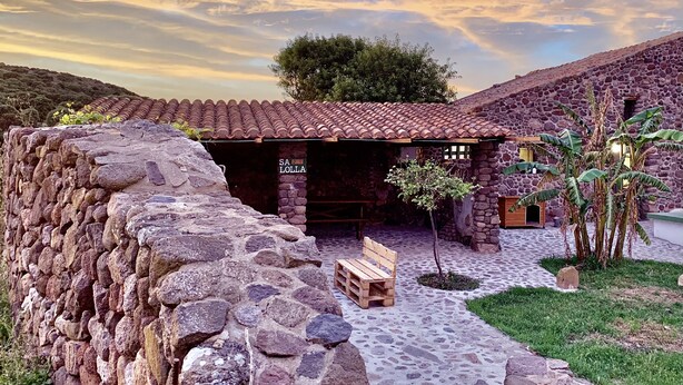 Um edifício rústico de pedra com telhado de telhas, um banco de madeira e uma pequena árvore no pátio.