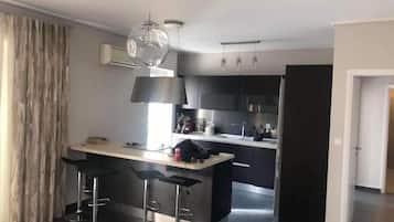 Apartamento Executivo | Cozinha privada | Um frigorífico/congelador grande, um micro-ondas, um forno