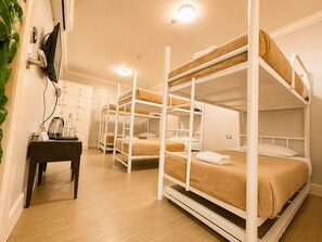 Quarto com beliche, escrivaninha, chaleira e uma planta.