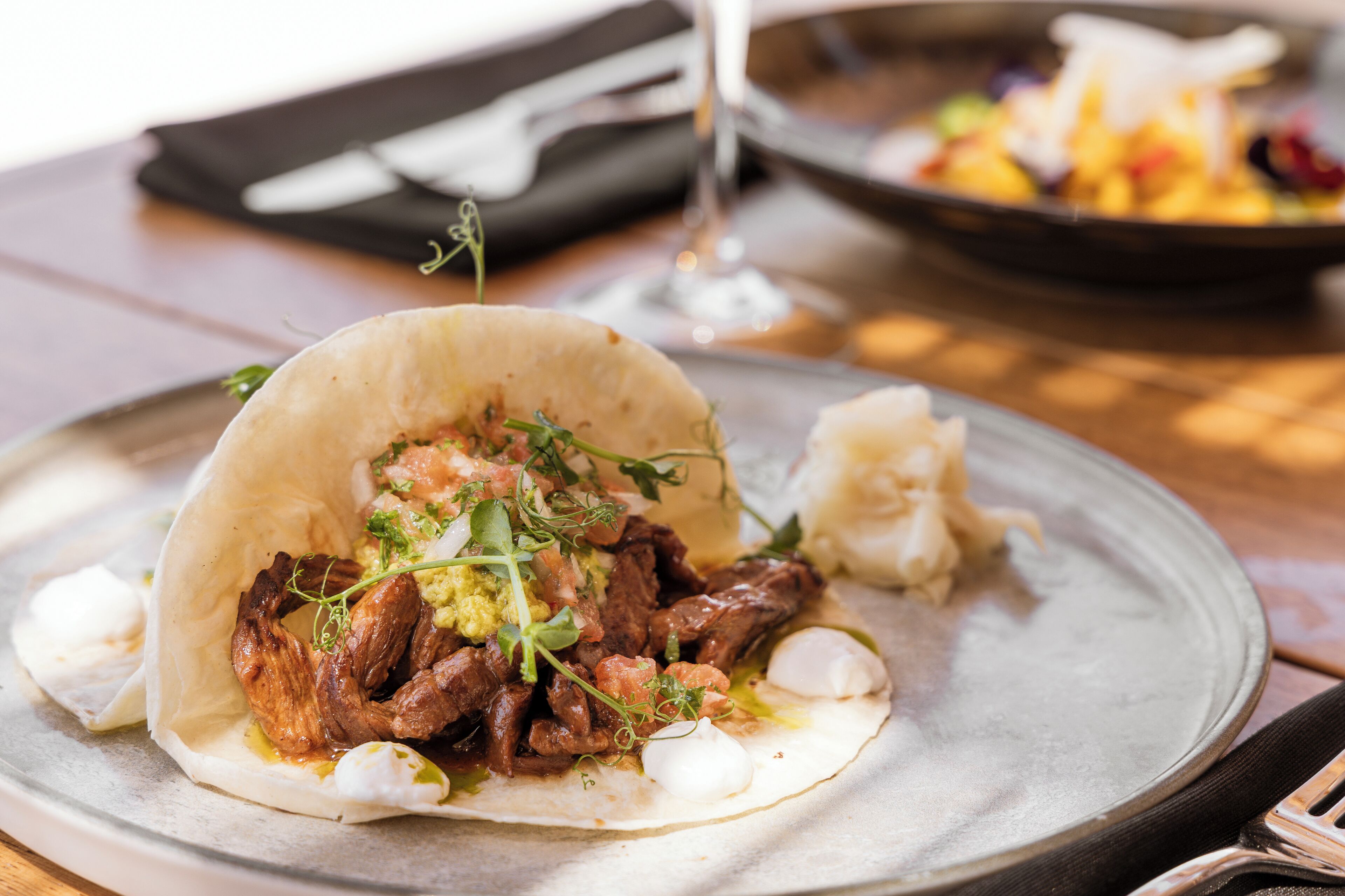 Um prato de comida com um taco, carne e vegetais sobre uma mesa.