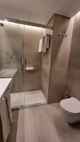 Um banheiro moderno com chuveiro em box de vidro, vaso sanitário e pia com porta-toalhas.