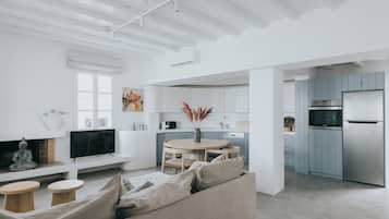 Deluxe Beach Front Villa, With Pool | Sala de estar | Smart TV de 43 de polegadas com canais via satélite, televisor, lareira