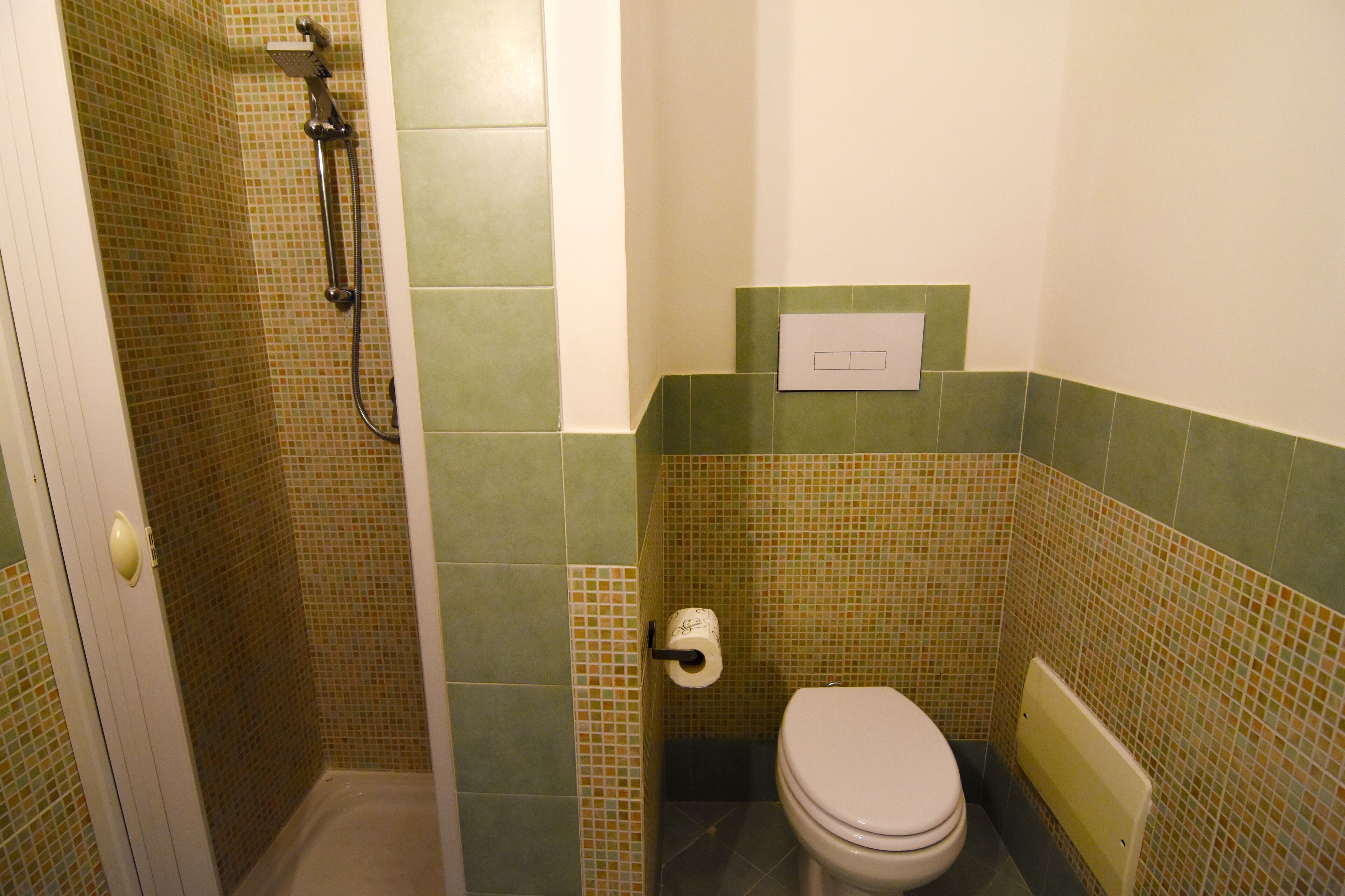 Casa de banho com chuveiro, sanita e dispensador de toalhas de papel fixado na parede.