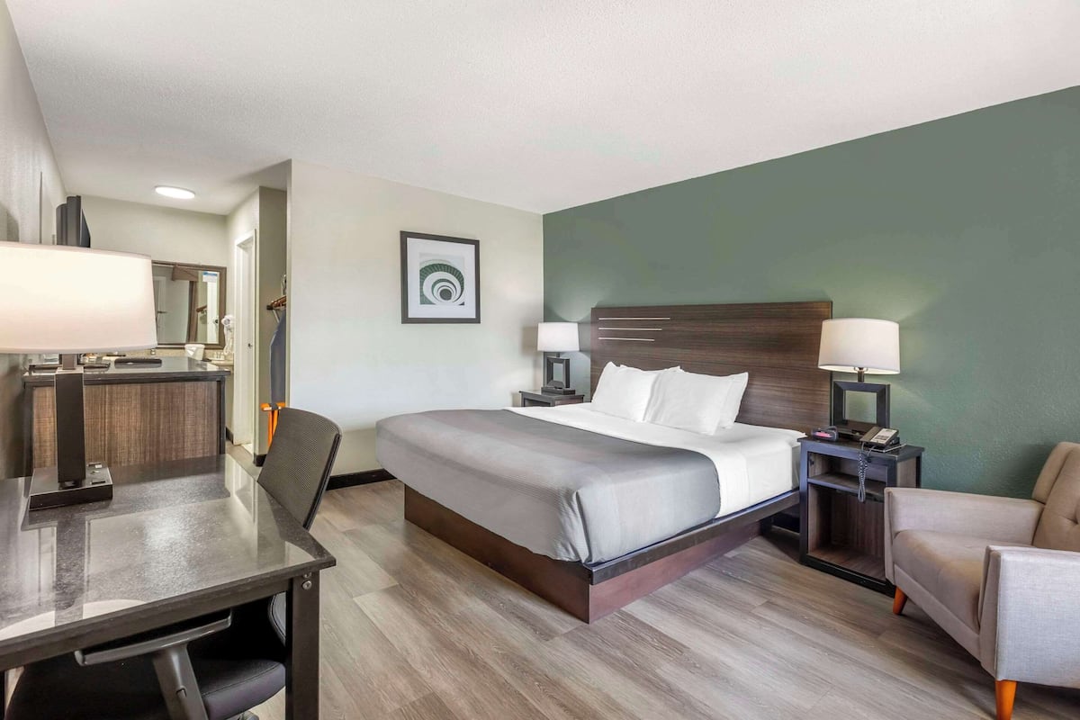 Quarto de hotel com cama, mesas de cabeceira, escrivaninha e uma cadeira.