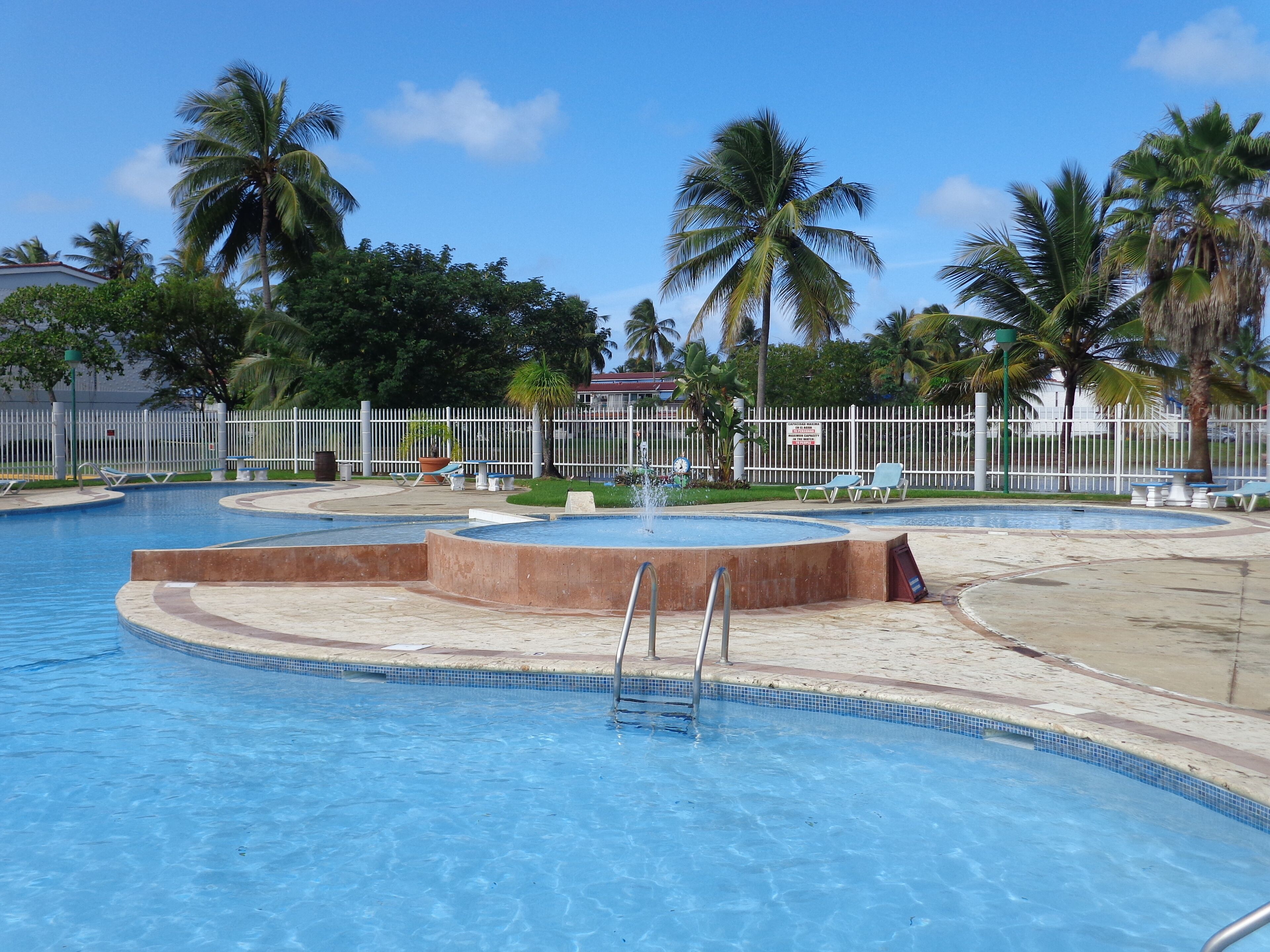 Piscina com um elemento central de água, rodeada por palmeiras e uma cerca branca.