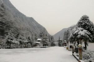 Uma estrada montanhosa coberta de neve, com edifícios e árvores nas laterais.