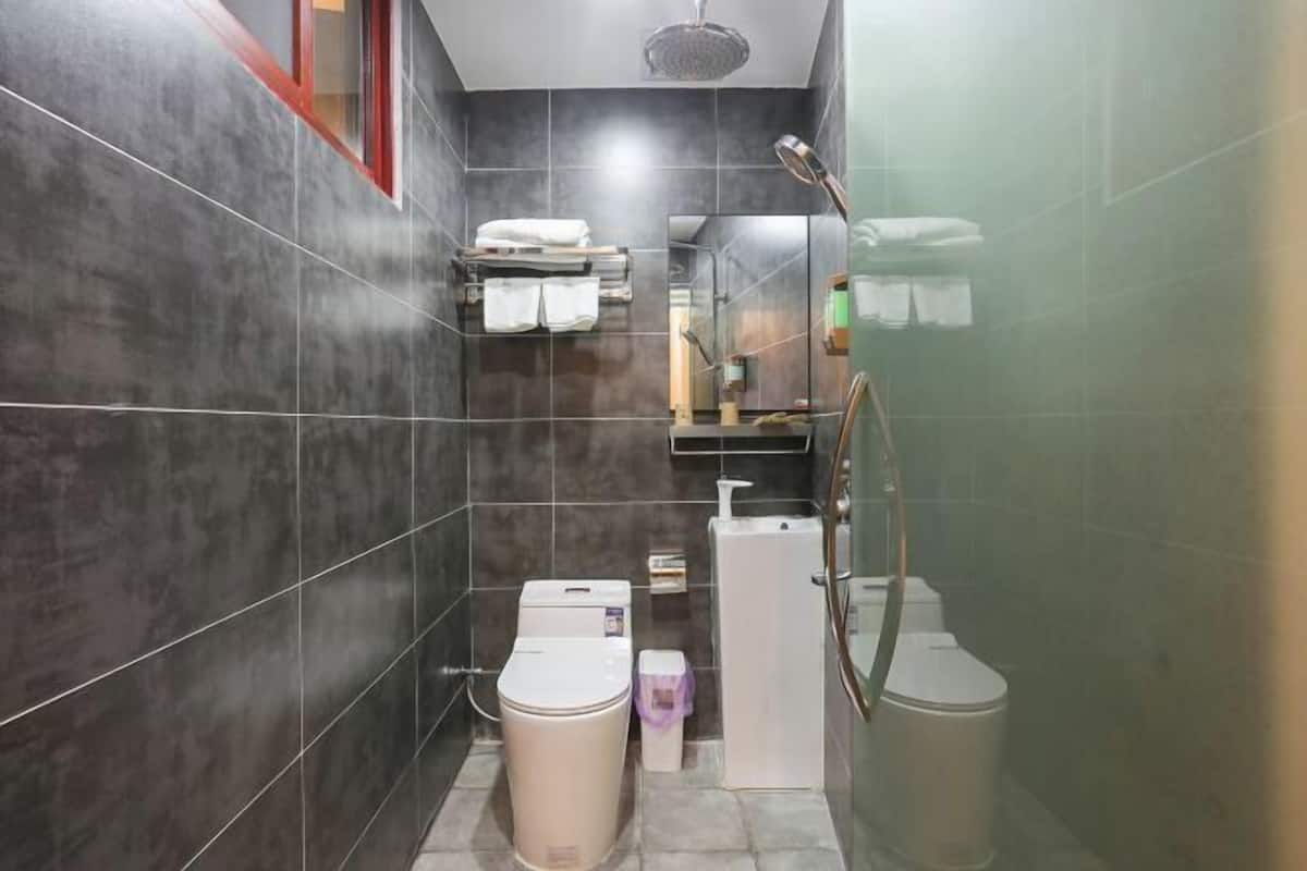 Casa de banho compacta com chuveiro, sanita e lavatório pequeno.