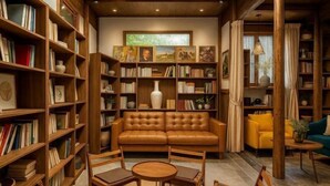 Uma biblioteca acolhedora com um sofá de couro, estantes de madeira e uma mesa redonda.