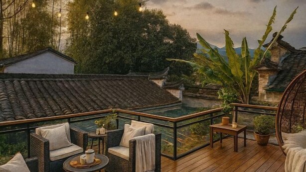 Um deck de madeira com móveis de vime e um compartimento envidraçado com vista para uma aldeia tradicional.