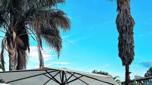 Área da piscina com espreguiçadeiras, guarda-sóis e uma piscina.