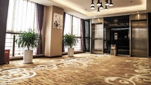 Um hall amplo com carpete estampado, janelas grandes com cortinas, plantas em vasos e um elevador moderno.