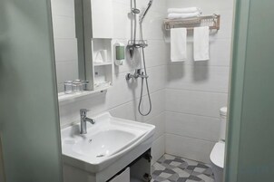 Casa de banho com lavatório, espelho, porta-toalhas e chuveiro.