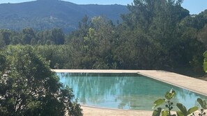 Uma piscina retangular com água cristalina, rodeada por vegetação densa e montanhas ao fundo.