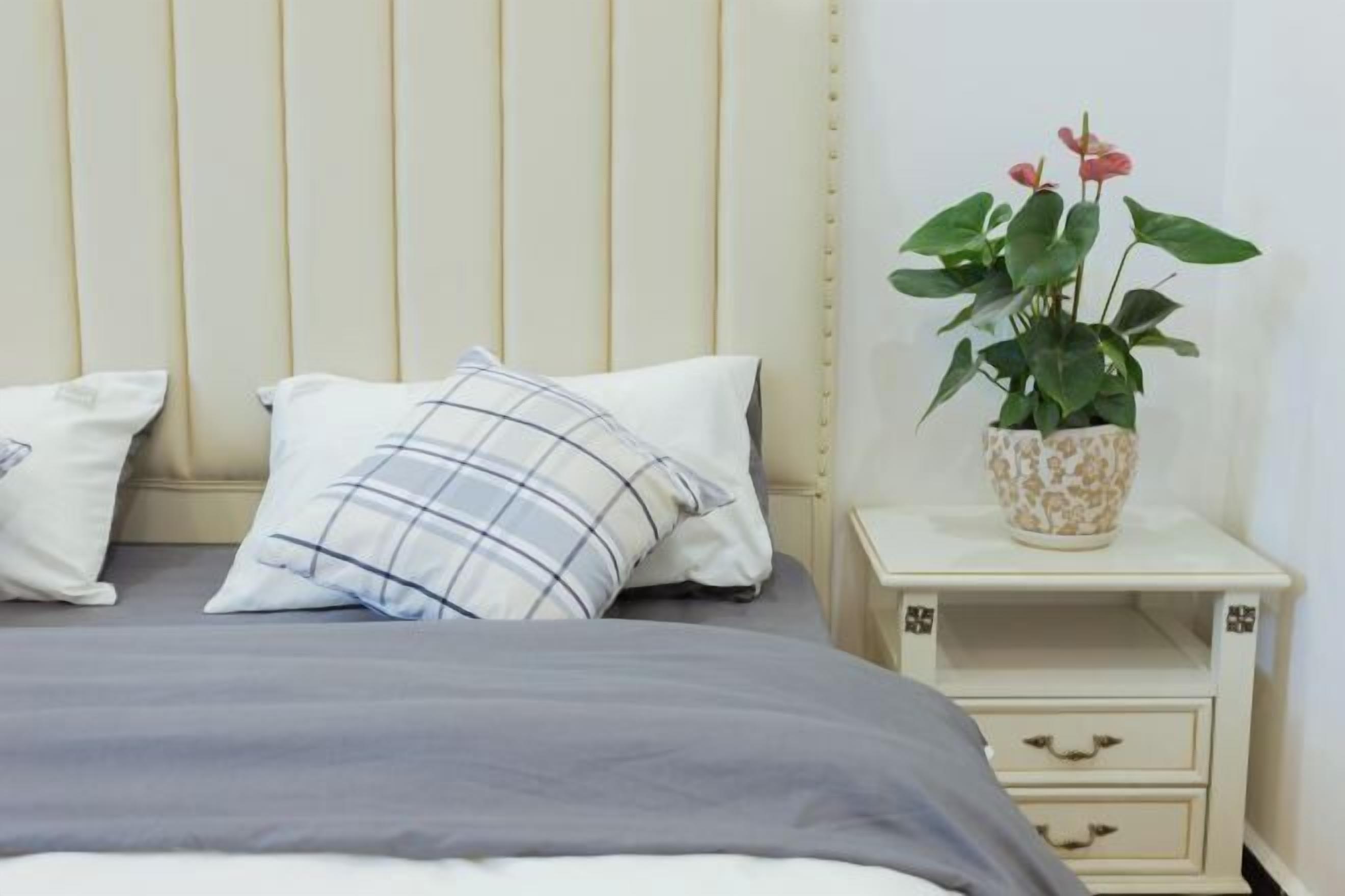 Uma cama com um edredom cinza, duas almofadas, uma mesa de cabeceira com uma planta e uma parede branca.