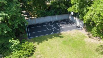 Quadra de basquete ao ar livre rodeada por árvores.
