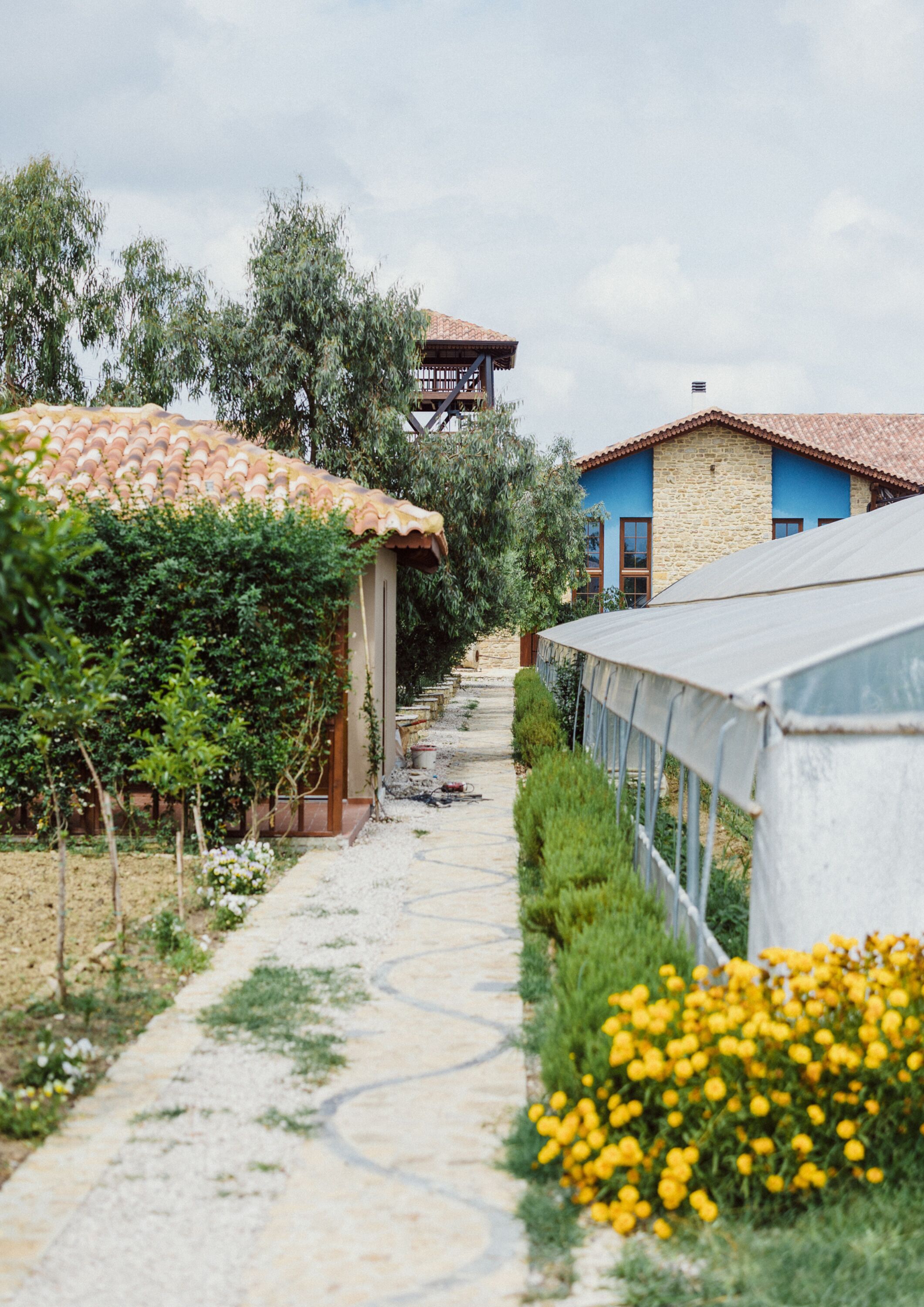 Uma passagem leva a um edifício com telhado de azulejos, cercado por vegetação e flores amarelas.