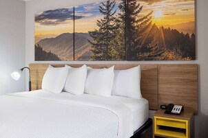 Quarto de hotel com uma cama, mesa de cabeceira com telefone e uma grande pintura de paisagem acima da cama.