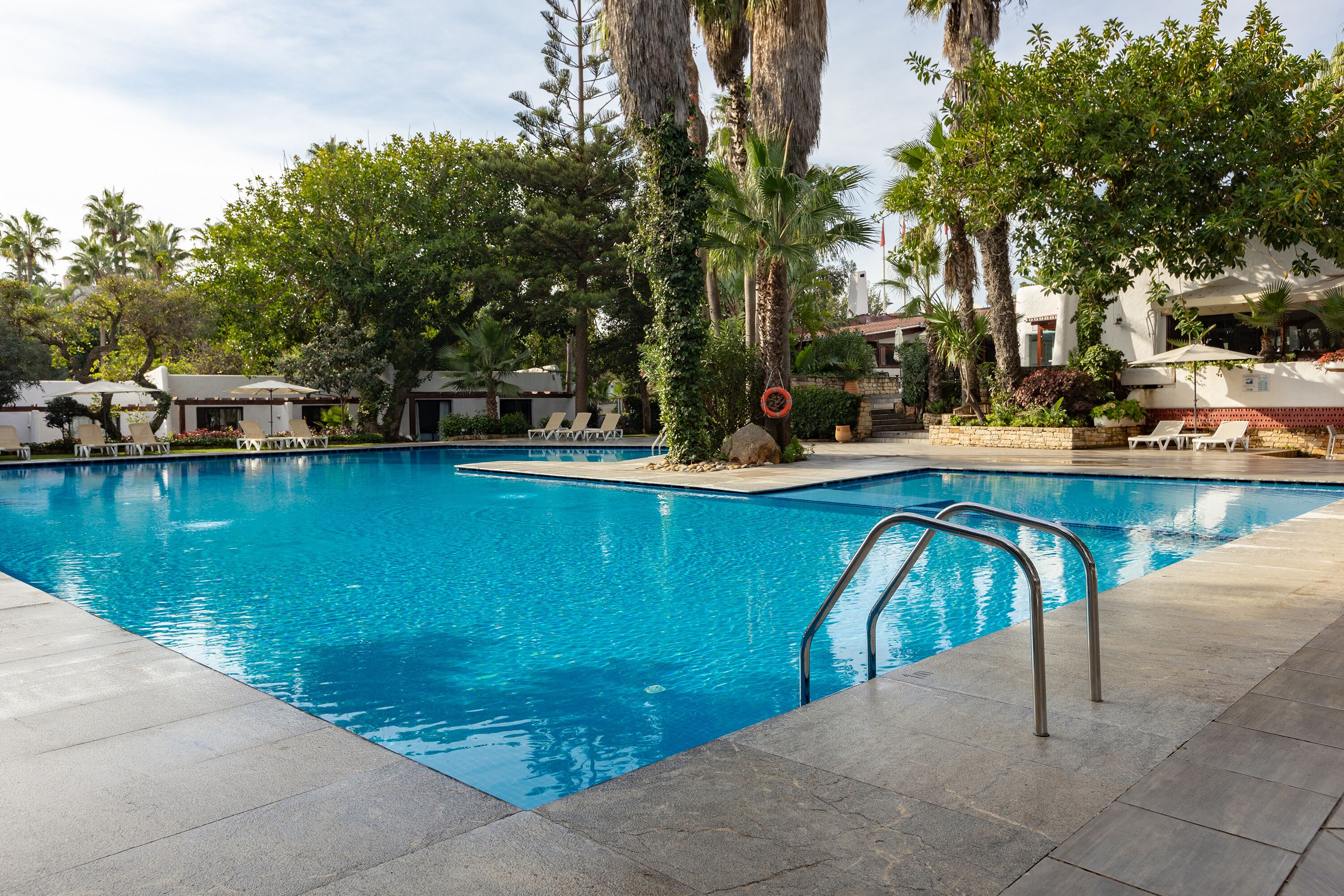 Uma piscina com espreguiçadeiras e palmeiras.