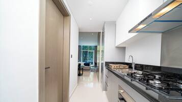 Estúdio luxo | Cozinha privada | Geladeira grande, micro-ondas, fogão, chaleira elétrica