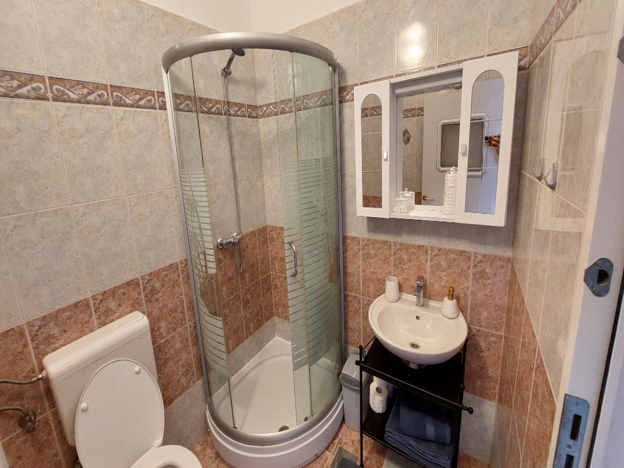 Uma casa de banho com chuveiro envolto em vidro, sanita e lavatório com espelho em cima.