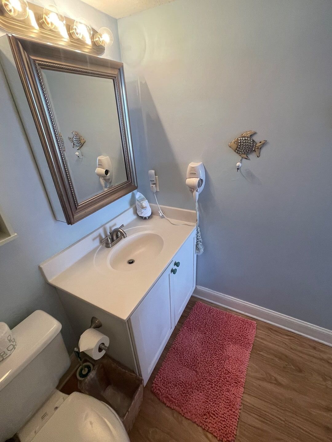Casa de banho com lavatório, espelho, secador de cabelo e um tapete vermelho.