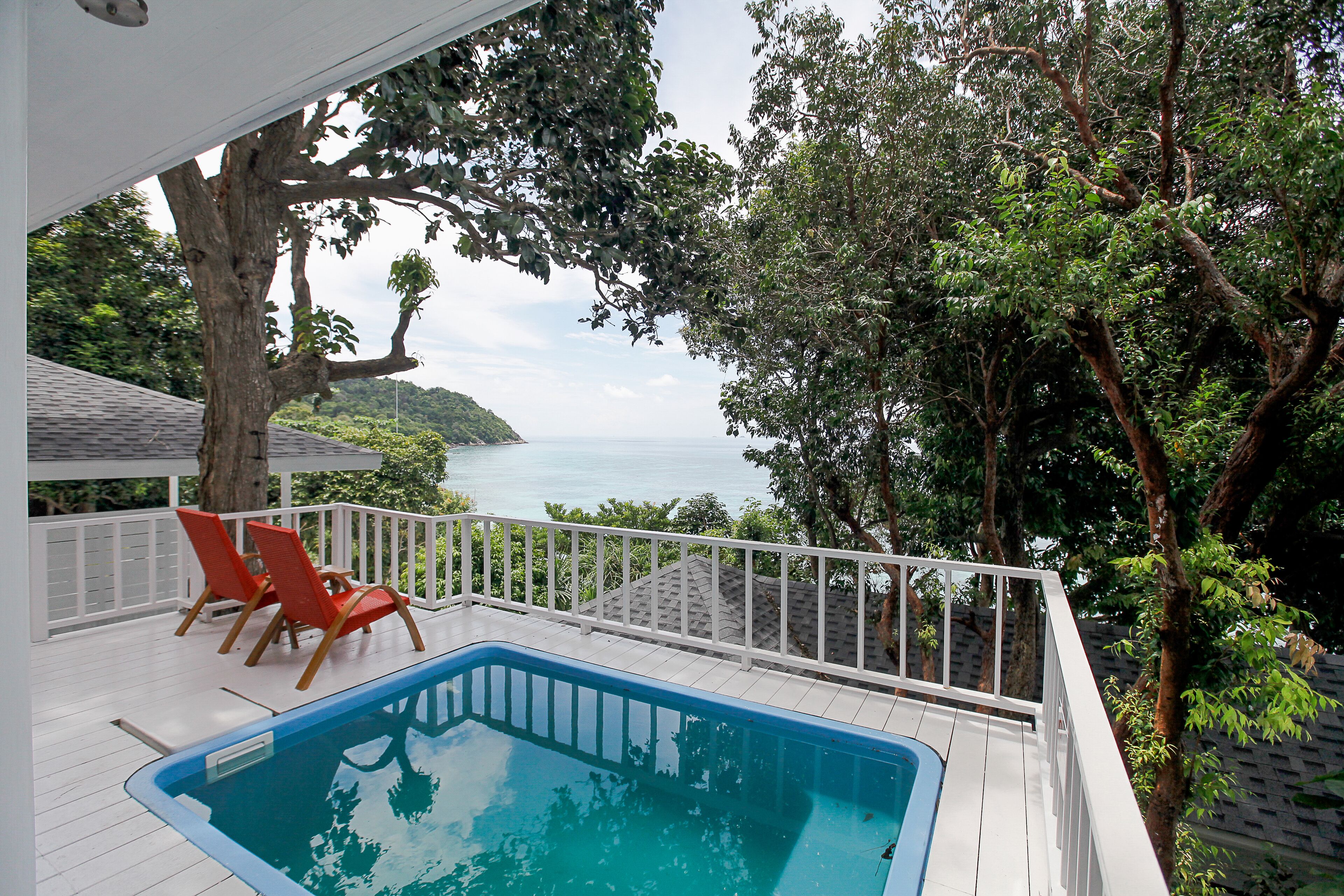 Piscina com vista para o mar e árvores.