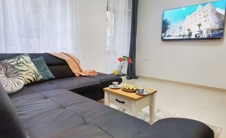 Apartamento clássico | Área de estar | TV de tela plana 60 polegadas com canais digitais, TV