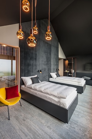 Quarto Twin Premium, não fumadores, vista para a montanha | Roupa de alta qualidade, edredões de penas 