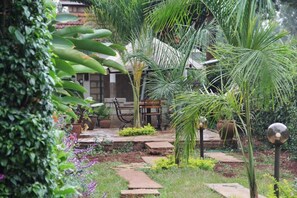 Um jardim com caminho, palmeiras e plantas em vasos.
