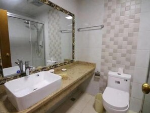Um banheiro com pia branca, espelho emoldurado em mármore, vaso sanitário e chuveiro.