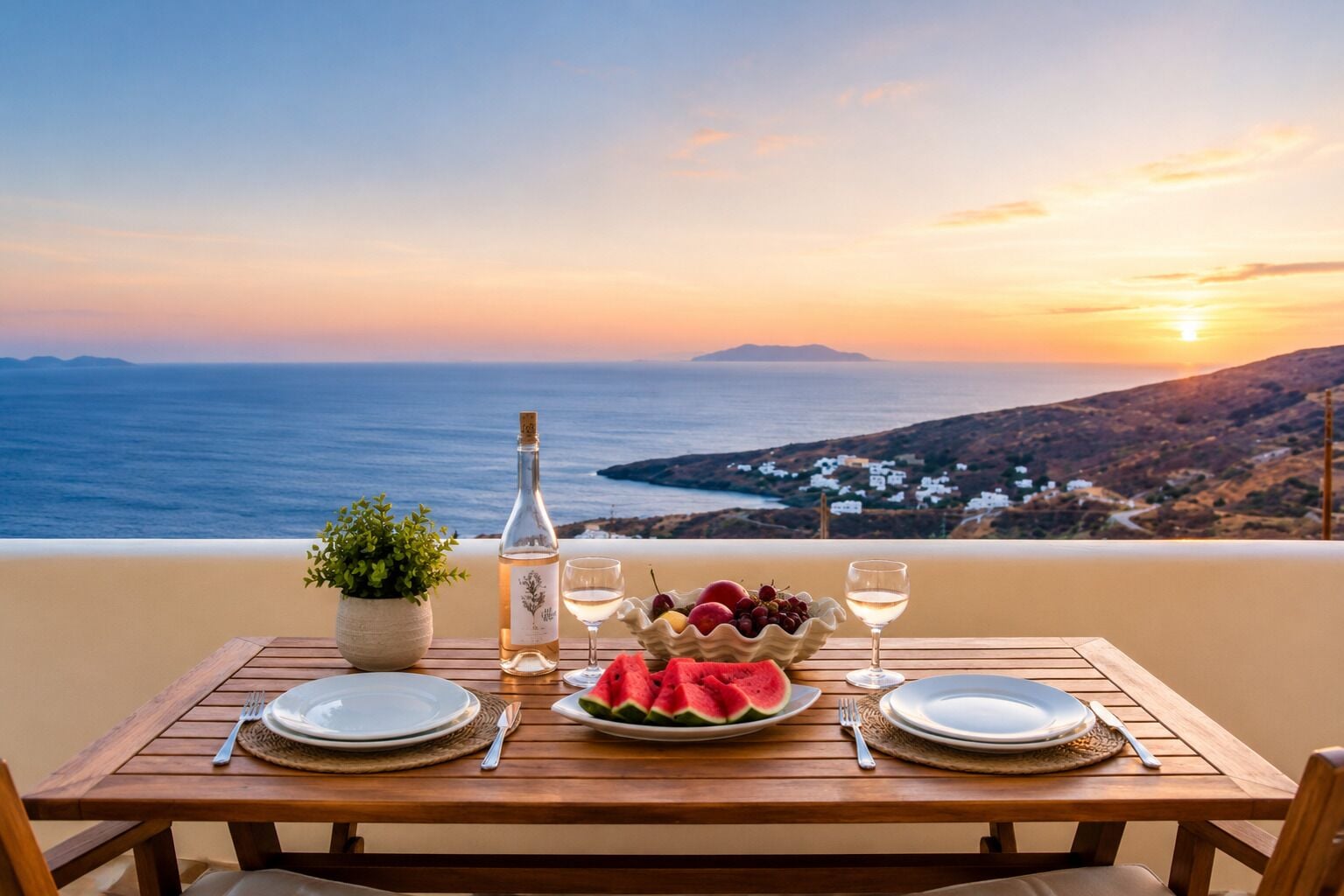 Mesa posta para dois, com uma garrafa de vinho branco, uma tigela de frutas e uma taça de vinho, com vista para uma paisagem costeira ao pôr do sol.