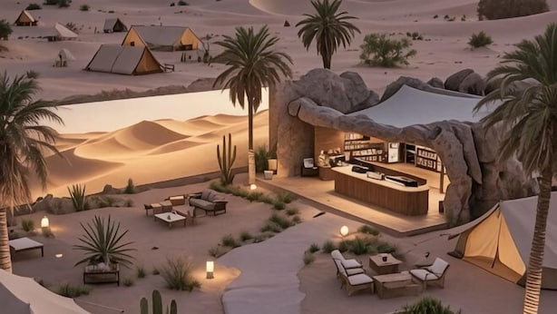 Um resort no deserto com tendas, um bar e área de estar ao ar livre.