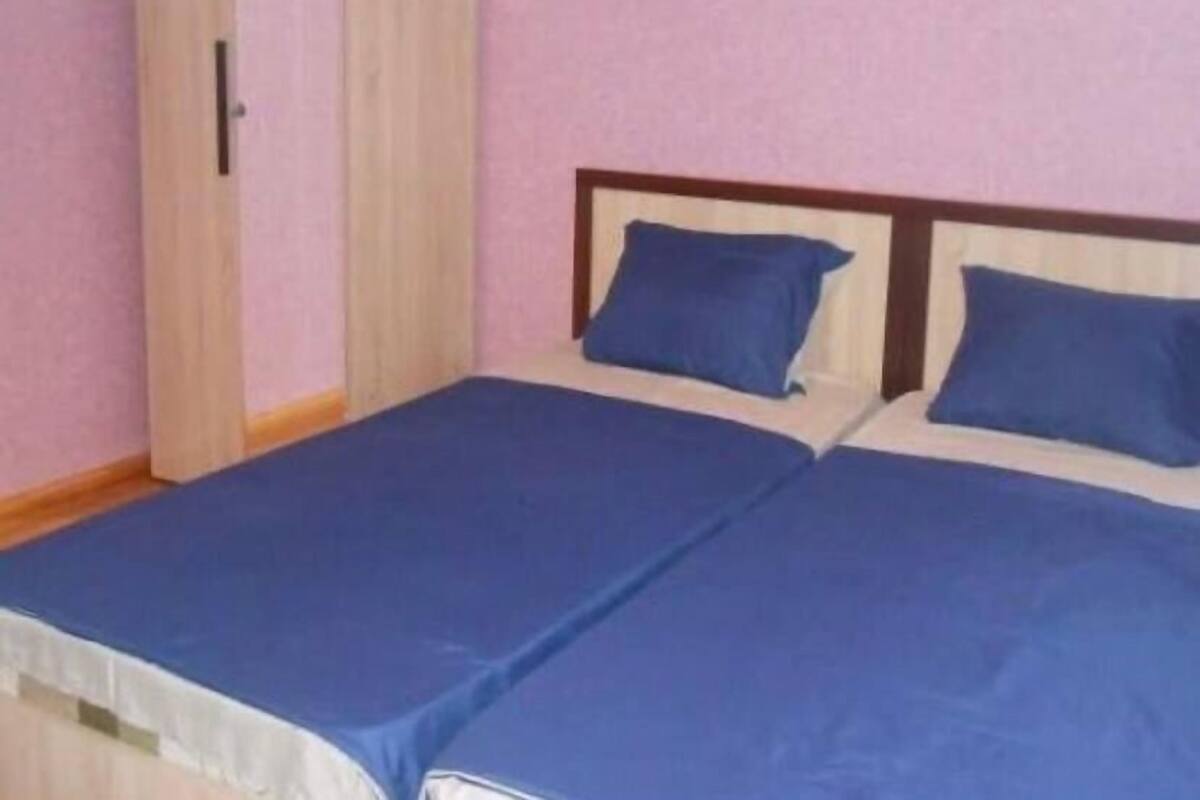 Quarto com uma cama, duas almofadas e um guarda-roupa.