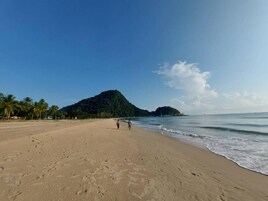 Uma praia com pegadas, palmeiras e uma montanha ao fundo.