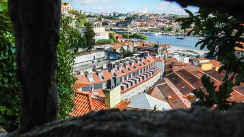Paisagem urbana histórica com uma torre redonda imponente, edifícios com telhados de terracota e um rio.