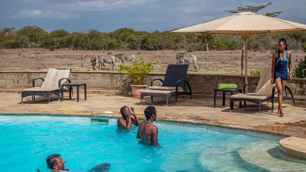 Área de piscina com espreguiçadeiras e vista para a vida selvagem ao fundo.