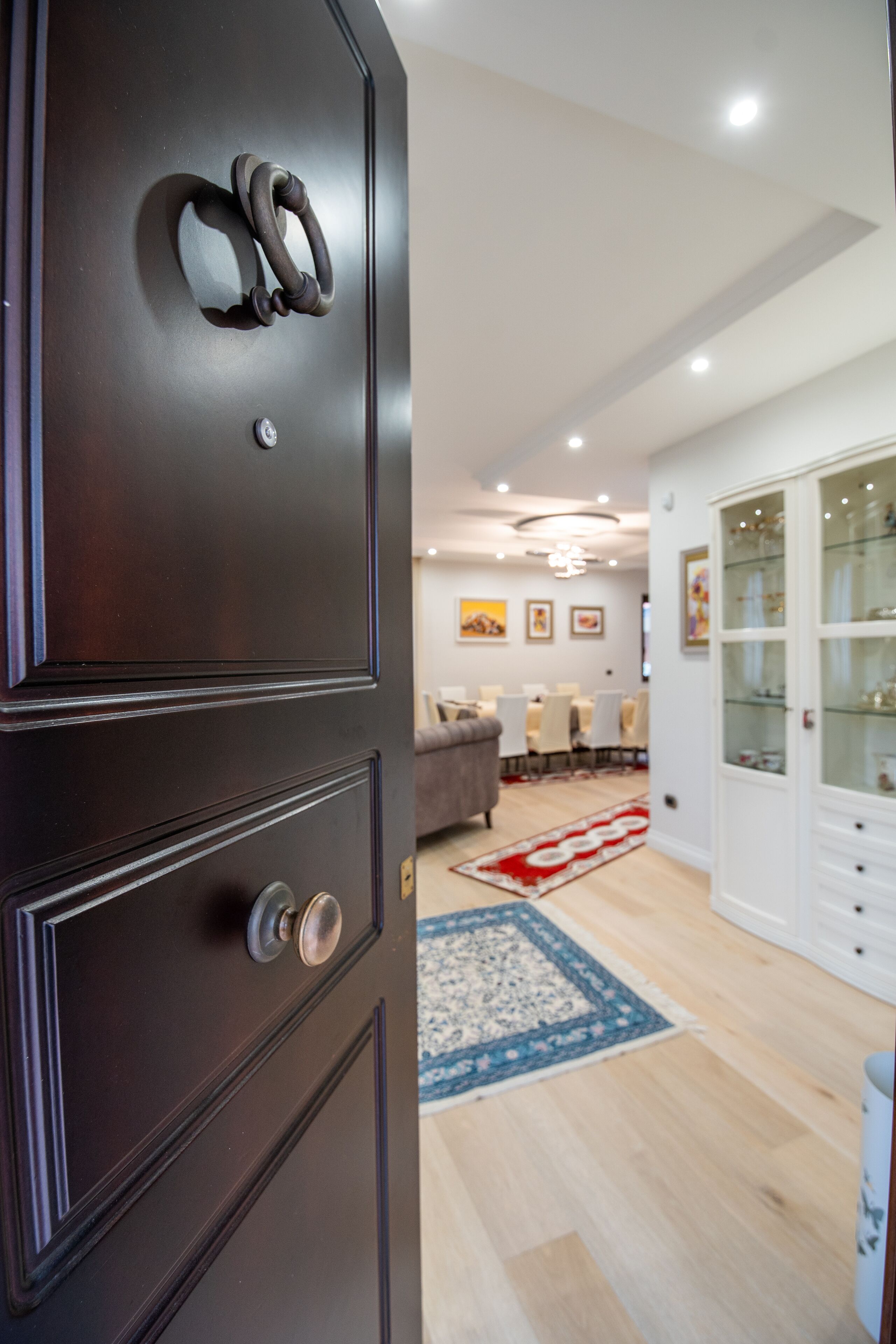 Um interior moderno com uma porta de madeira escura, um armário branco com portas de vidro e um tapete com padrão vermelho e azul.