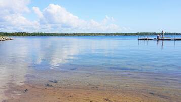 Um lago calmo com céu claro, margem de areia e um píer com pessoas.