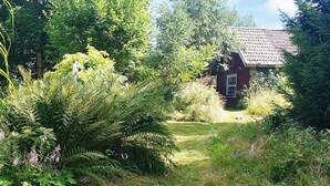 Uma casa de madeira rústica com telhado de cerâmica, rodeada por vegetação densa e um caminho gramado que a leva.