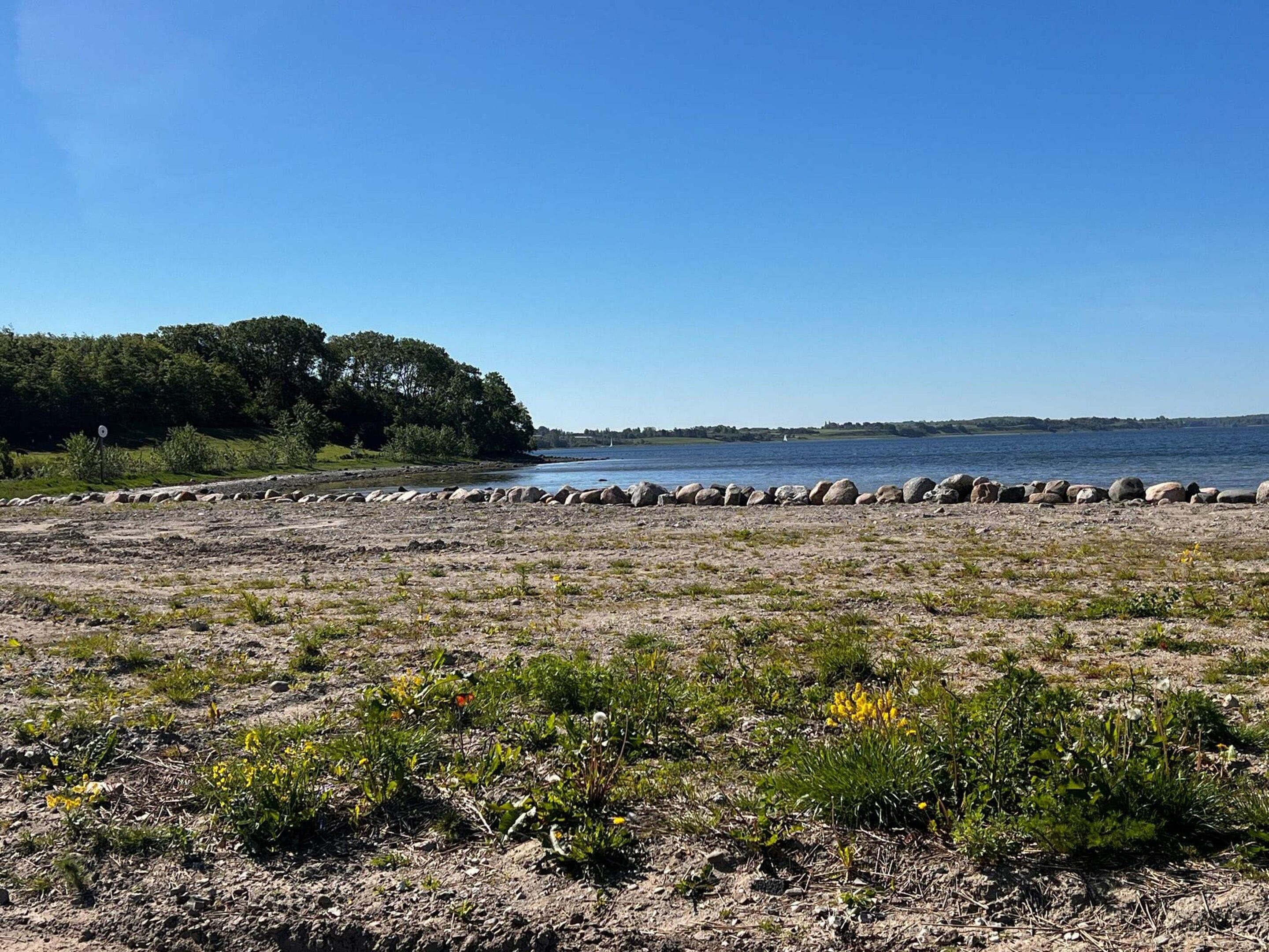 Paisagem costeira com linha de costa rochosa, vegetação escassa e céu claro.
