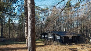 Uma cabana rodeada por uma floresta, com céu limpo.