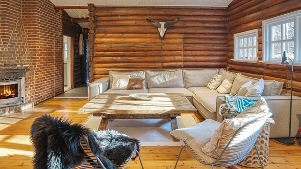 Interior de cabana de madeira com lareira de tijolos, sofá, mesa de jantar e cadeira de fibra natural.