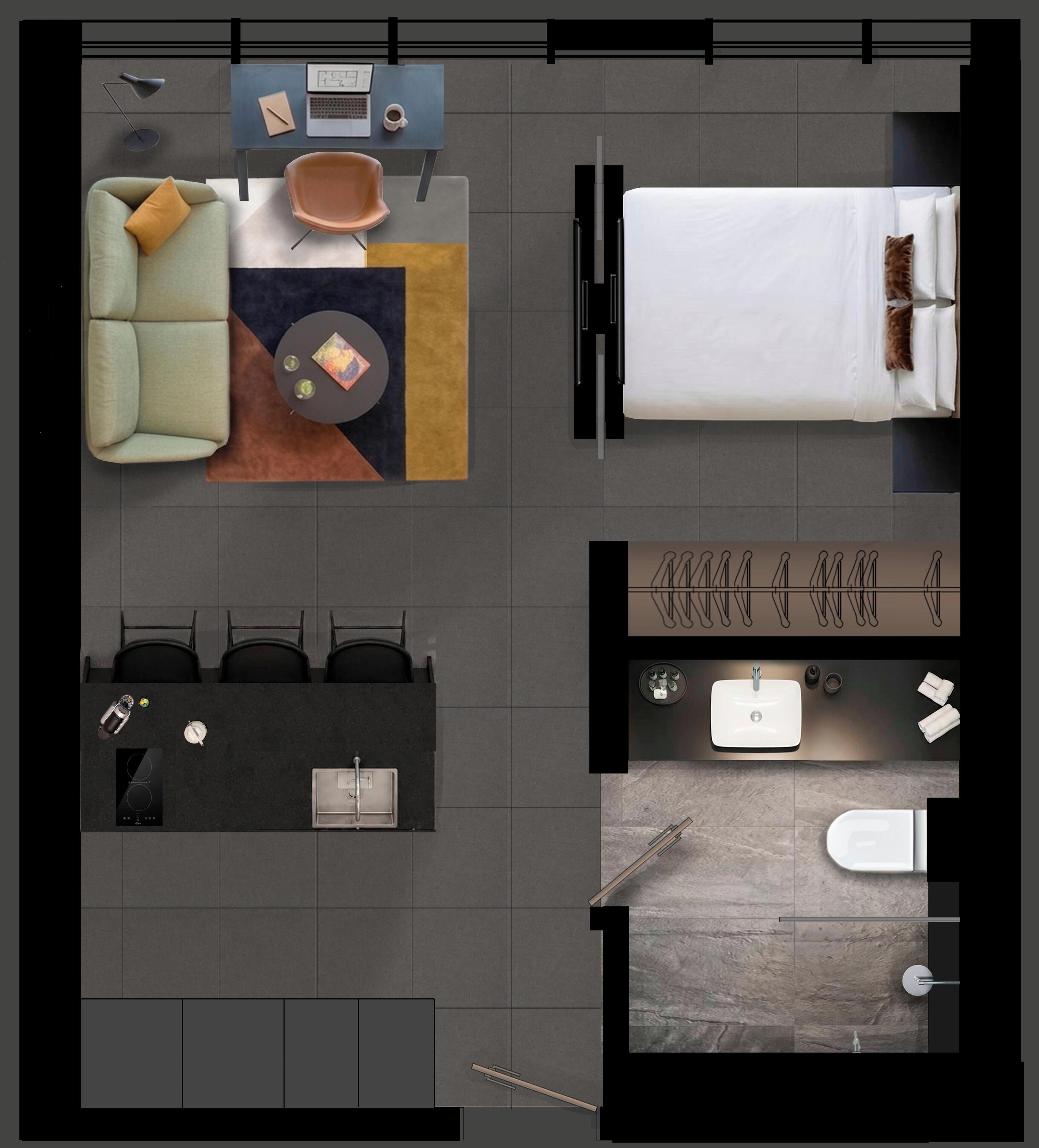 Quarto de hotel com cama, sofá, mesa de jantar, cadeiras, pequena cozinha com pia e banheiro com banheira e vaso sanitário.