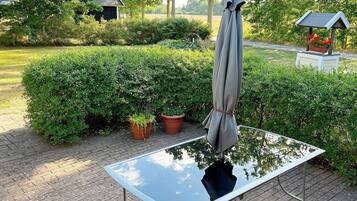 Uma mesa com tampo de vidro e estrutura de metal, rodeada por plantas em vasos e uma sebe.