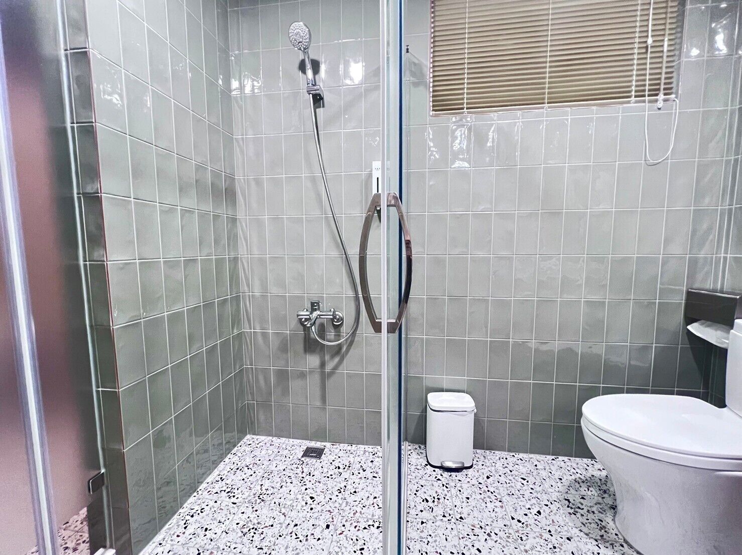 Casa de banho com cabine de duche em vidro, sanita e um contentor de lixo.