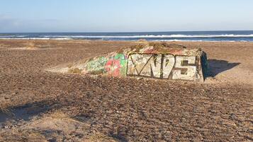 Uma praia com uma rocha coberta por grafites.